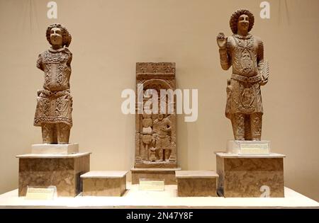 Stone figures depicting the family of Sanatruq are showcased at the ...