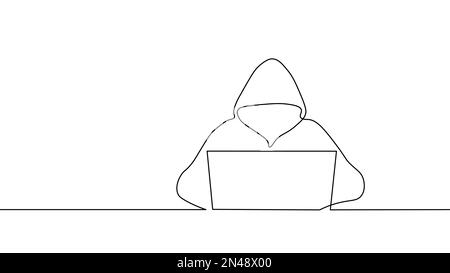 One continuous line of Computer Hacker with Laptop and Wrench. Thin ...
