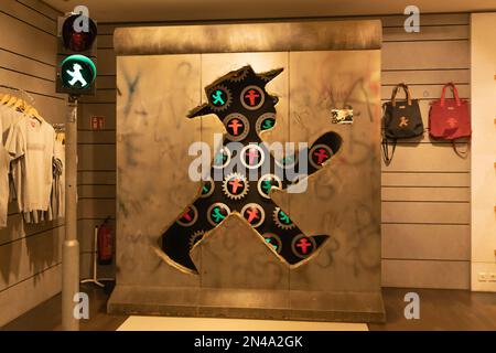 Inside the shop of traffic light men, or Ampelmännchen. The green and ...
