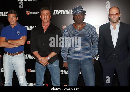 From left, actors Antonio Banderas, Sylvester Stallone, Wesley Snipes ...