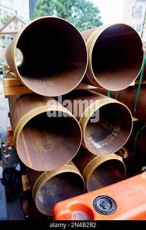 View on a heap of corrosion pipes disassembled steel scaffold joints ...