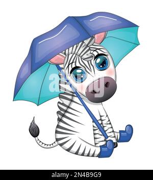 Striped zebra with umbrella, cute kid character. Autumn is coming, rain ...