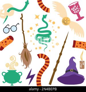 Witches school of magical objects seamless pattern in flat style. Broom ...