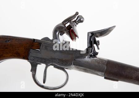 old gun historical detail trigger old powder and flint pistol on wooden ...
