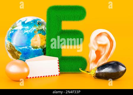 Kids ABC, fluffy letter E with egg, Earth Globe, envelope, eggplant ...
