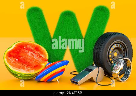 Kids ABC, fluffy letter W with watch, whirligig top, whistle, wheel ...