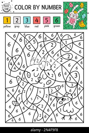 Vector spring color by number activity with girl planting flower ...