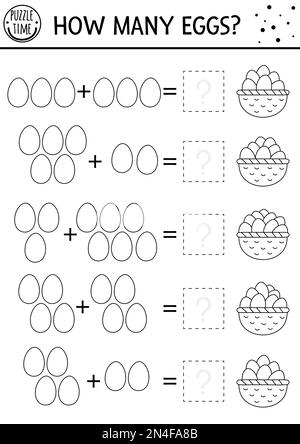 Easter math black and white worksheet for kids. Eggs addition printable ...