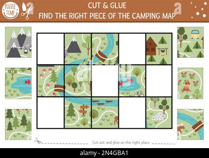 Vector camping cut and glue activity. Summer camp educational crafting ...