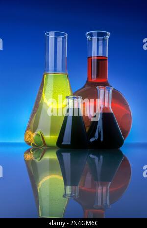 LABORATORY CHEMICAL FLASKS WITH COLORED LIQUIDS Stock Photo - Alamy