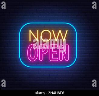 Now Open neon sign in frame on brick wall background. Pink and yellow ...