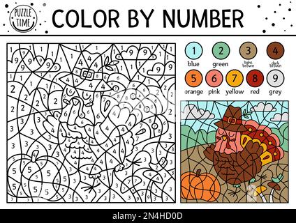 Cartoon turkey. Color by number educational game for kids. Vector ...