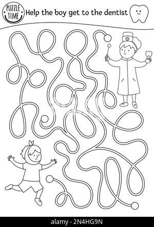 Black and white dental care maze for children. Preschool line dentist ...
