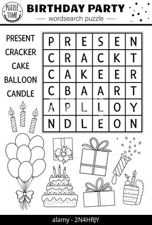 Vector Birthday party wordsearch puzzle for kids. Simple crossword with ...