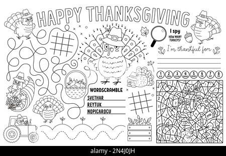 Vector autumn placemat for kids. Fall printable activity mat with maze ...