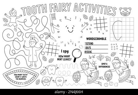 Vector Tooth Fairy placemat for kids. Mouth care printable activity mat ...