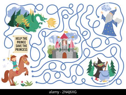 Fairytale maze for kids with fantasy characters. Magic kingdom ...