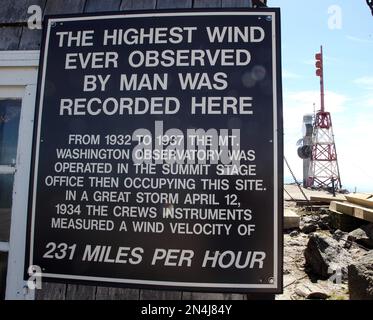 Highest wind speed sign on Mount Washington Observatory, Jackson, New ...