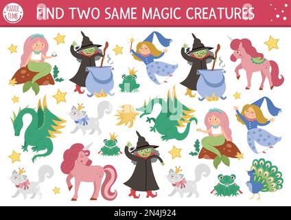Find two same magic creatures. Black and white fairytale matching ...