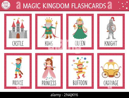 Vector fairytale flash cards set. English language game with cute ...