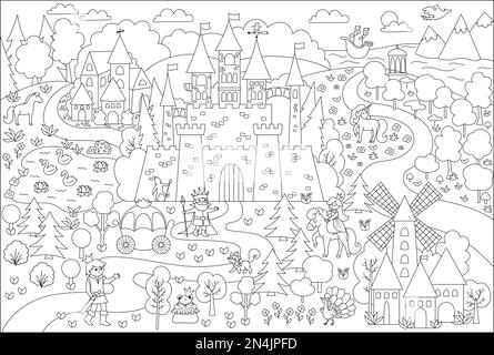 Fairytale black and white kingdom map. Medieval village line background. Vector fairy tale ...