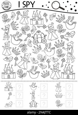 Black and white fairytale fantasy I spy game for kids with knight armor ...