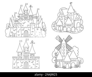 Fairytale medieval castles with gates and towers. Cartoon vector ...