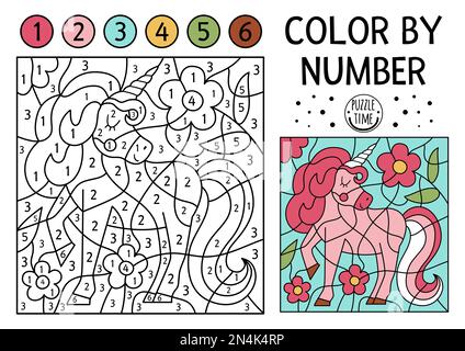 Vector Magic kingdom color by number activity with castle. Fairytale ...