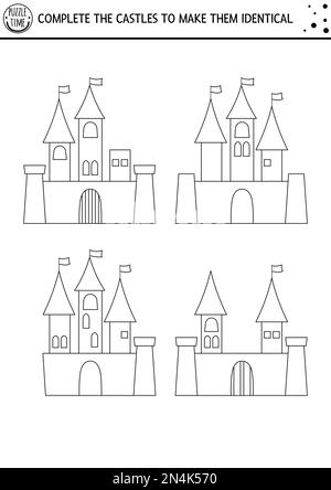 Complete the castle picture. Vector fairytale symmetrical drawing ...