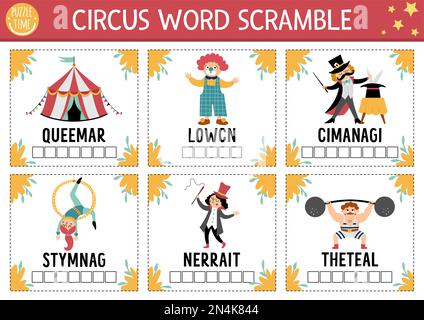Vector circus word scramble activity page. English language game with ...