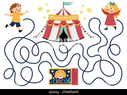 Circus maze for kids with boy, girl, ticket. Amusement show preschool ...