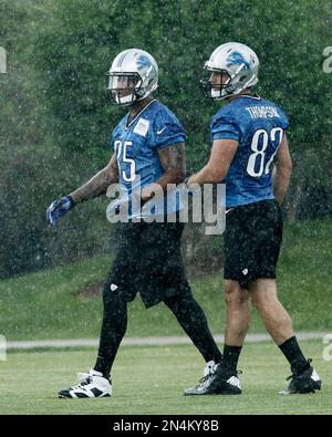 Detroit Lions tight ends Eric Ebron, left, and Matthew Mulligan block ...