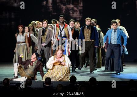 The cast of "Les Miserables" performs onstage at the 68th annual Tony ...