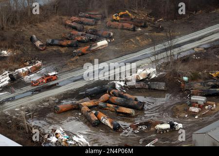 East Palestine, OH, USA. 8th Feb, 2023. Aerial view of a train ...