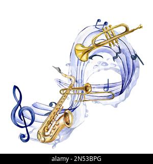 Musical symbols and clarinet musical instrument watercolor illustration ...