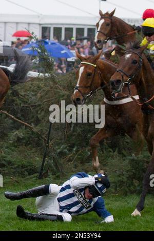 A jockey falling from a horse at the race while others running further ...