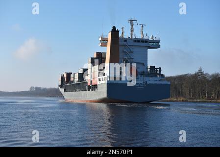 Container ship Thetis D sailing in the Kiel Canal, Schleswig-Holstein ...
