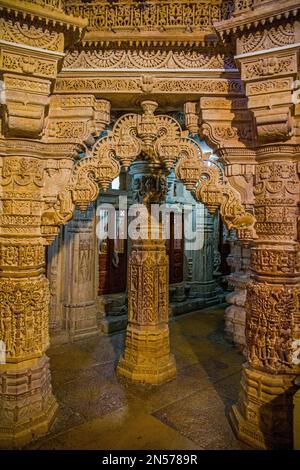 Filigree pillars, Rishabdev Jain temple in the fort, Jaisalmer ...