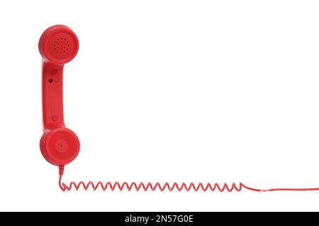 Red corded telephone handset on white background. Hotline concept Stock ...