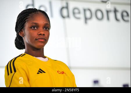 Colombia's football player Linda Caicedo speaks during a press ...