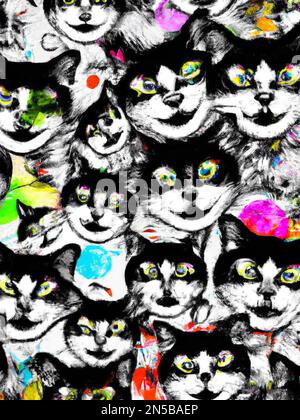 Cat faces, colours abstract background collage – Digital Illustration ...
