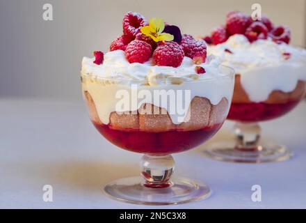 Raspberry trifle with fruit jelly, custard and cream Stock Photo - Alamy