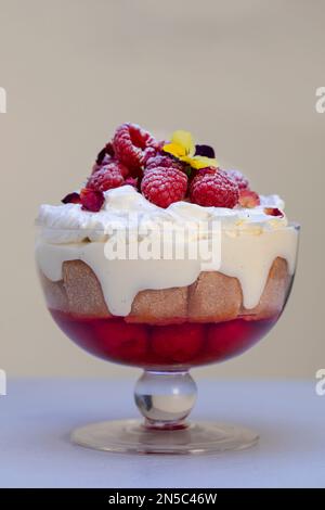 Raspberry trifle with fruit jelly, custard and cream Stock Photo - Alamy