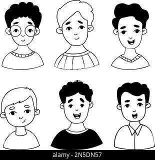 Doodle portraits of cute kids. Collection of smiling cartoon girls and ...