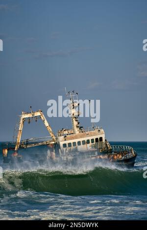 The Zeila Shipwreck on the Namibian skeleton coast in rough seas Stock ...
