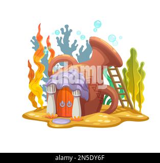 Underwater ancient city house building. Vector mermaid dwelling with ...