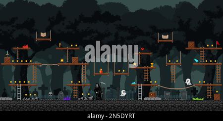 Night forest and cemetery game level map. Console gaming app level ...