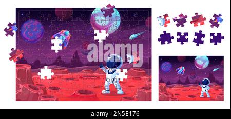 Space and astronaut on planet, jigsaw puzzle game pieces, vector galaxy ...