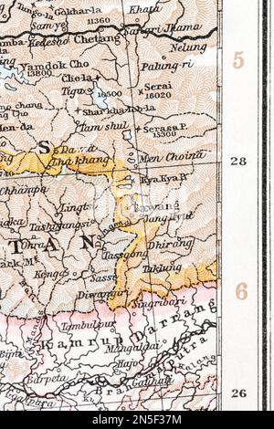 1896 historic atlas map of Bhutan with Tawang on border, parts of which ...
