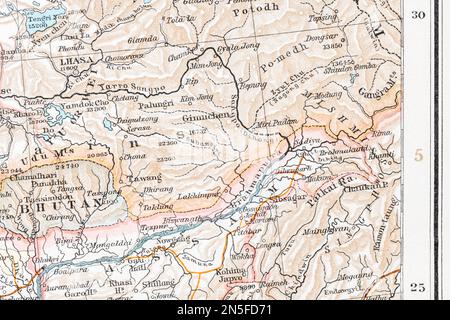 1900 historic atlas map of Bhutan and Tawang, which are in a border ...